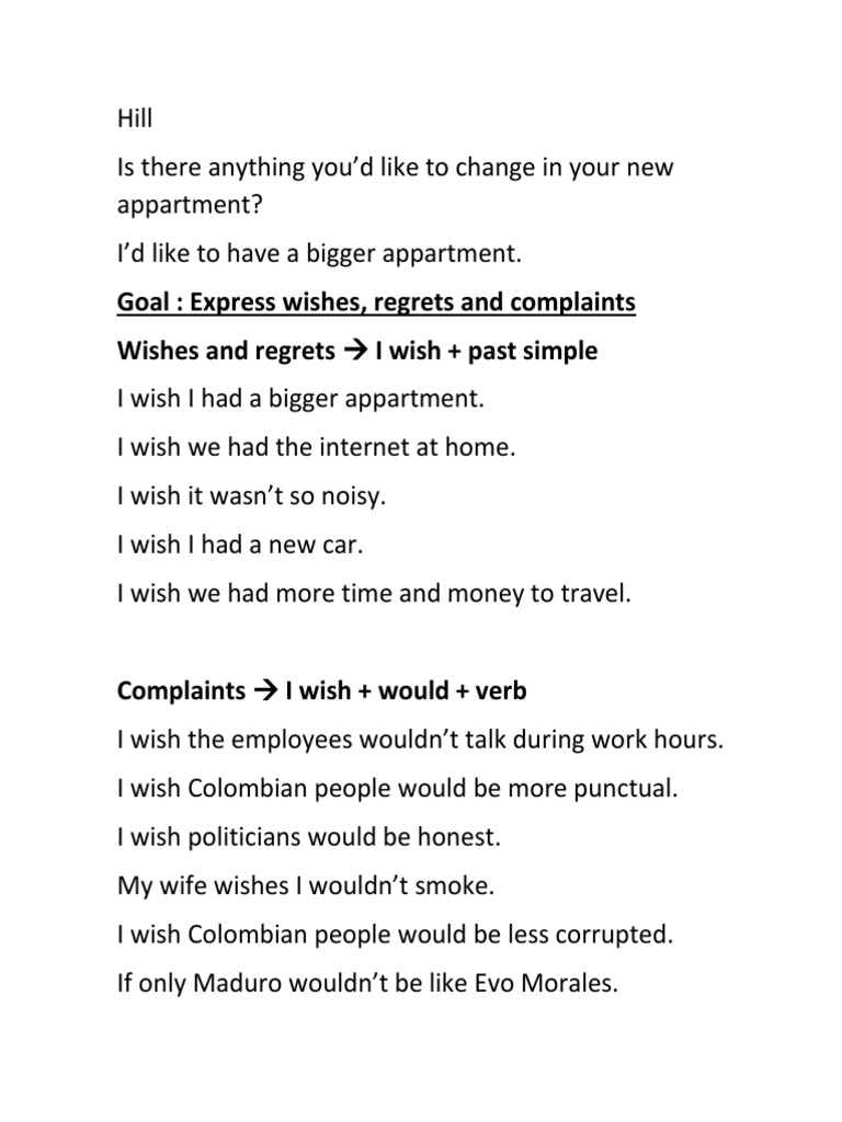 English Class Wishes, Regrets and Complaints | PDF