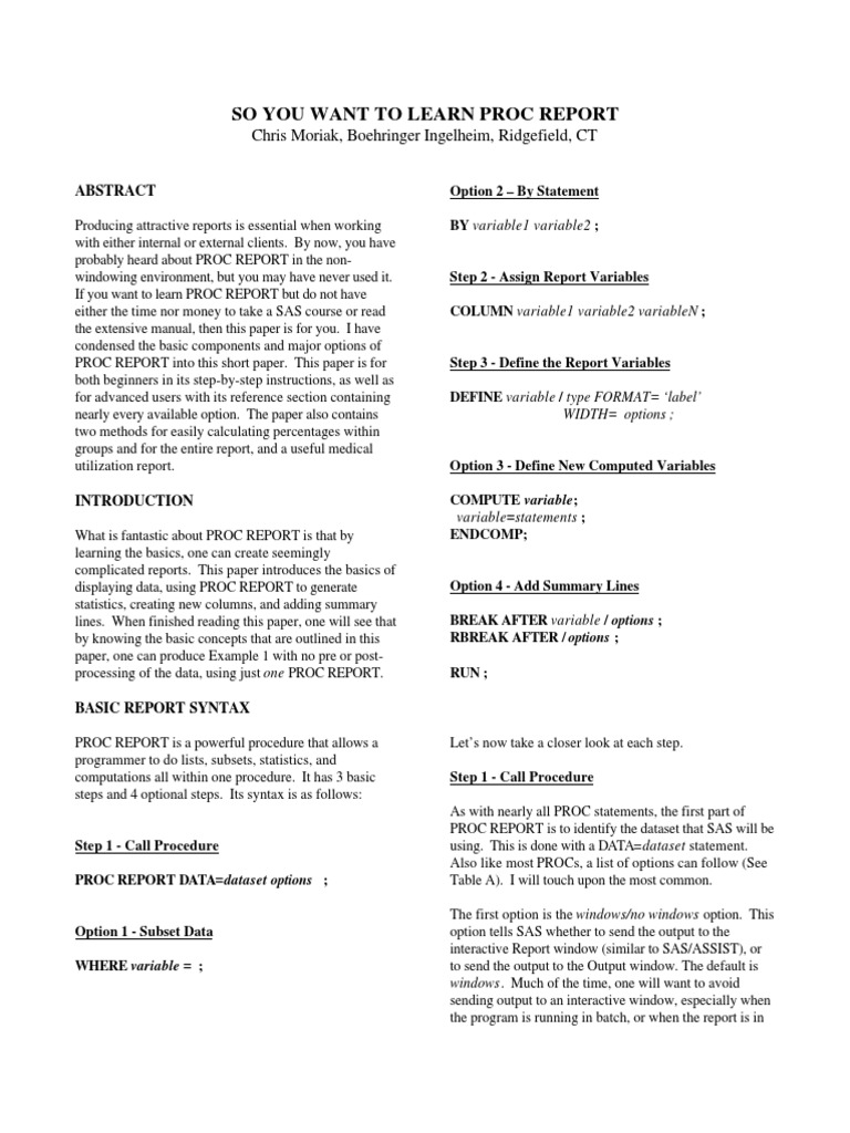 Proc Report Basics Pdf Sas Software Variable Computer Science 3508