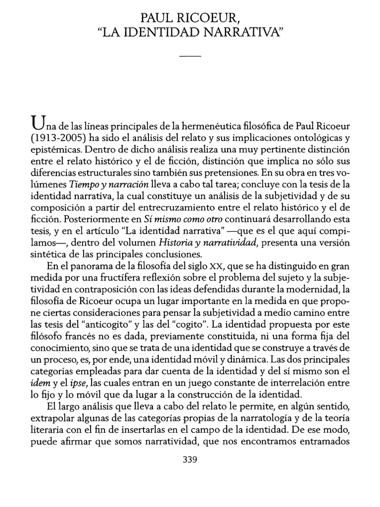 Identidad Narrativa Paul Ricoeur | PDF