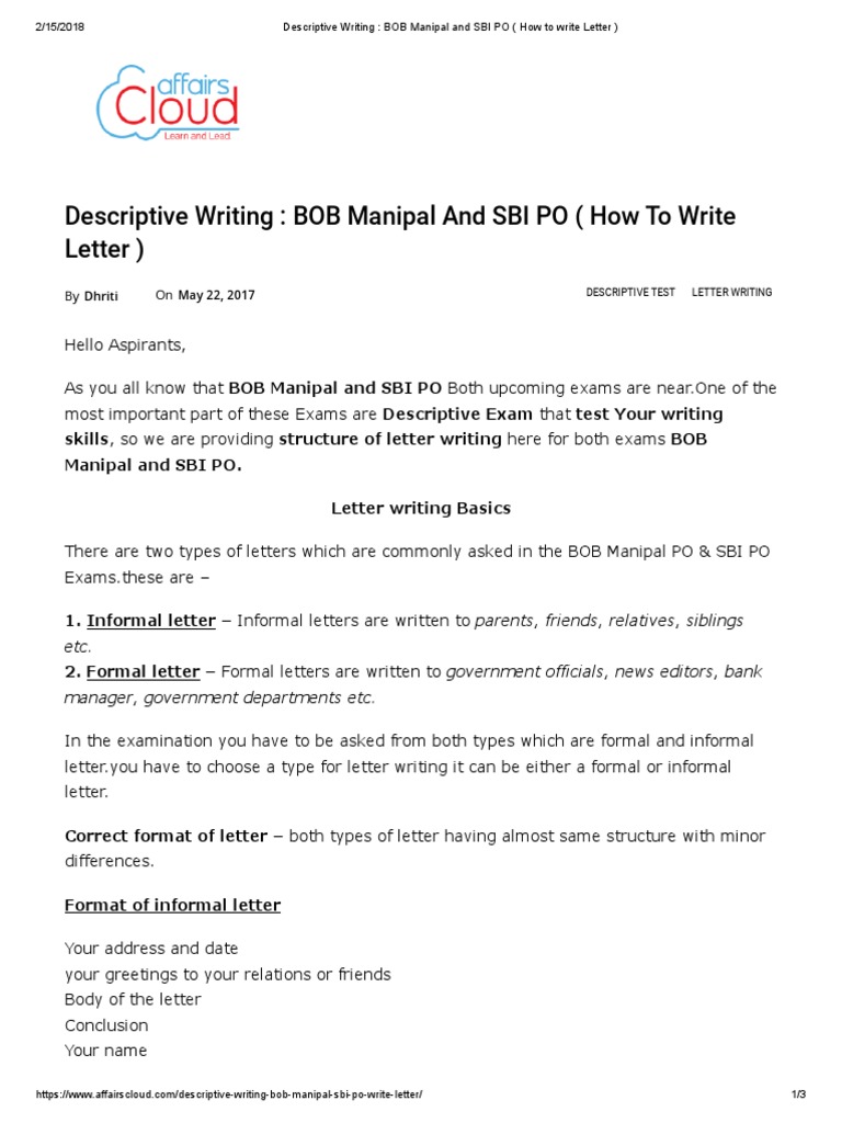 Descriptive Writing - BOB Manipal and SBI PO (How To Write Letter ...