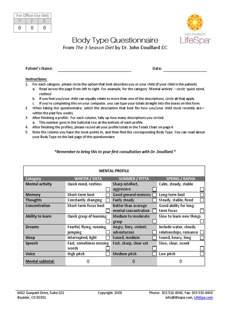 Body Type Questionnaire Form | PDF | Taste | Ayurveda