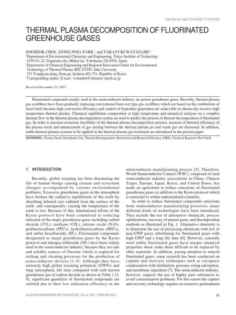 Thermal Plasma for Fluorinated Gas Decomposition | PDF | Plasma ...