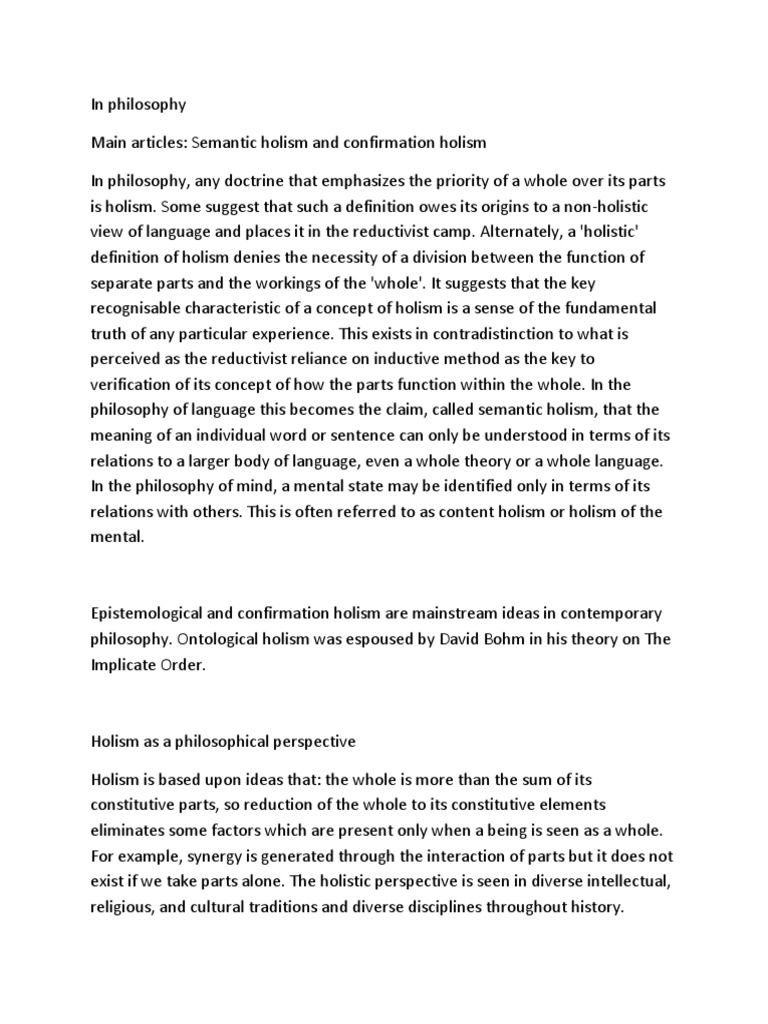 In Philosophy | PDF | Holism | Reductionism