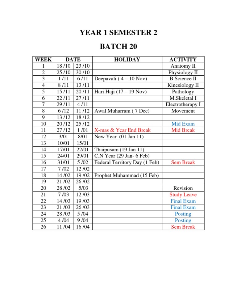 Year 1 Semester 2 Academic Schedule | PDF