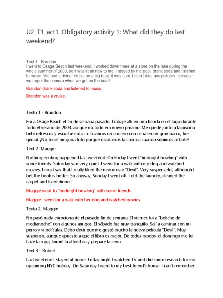 U2 - T1 - Act1 - Obligatory Activity 1 What Did They Do Last Weekend ...