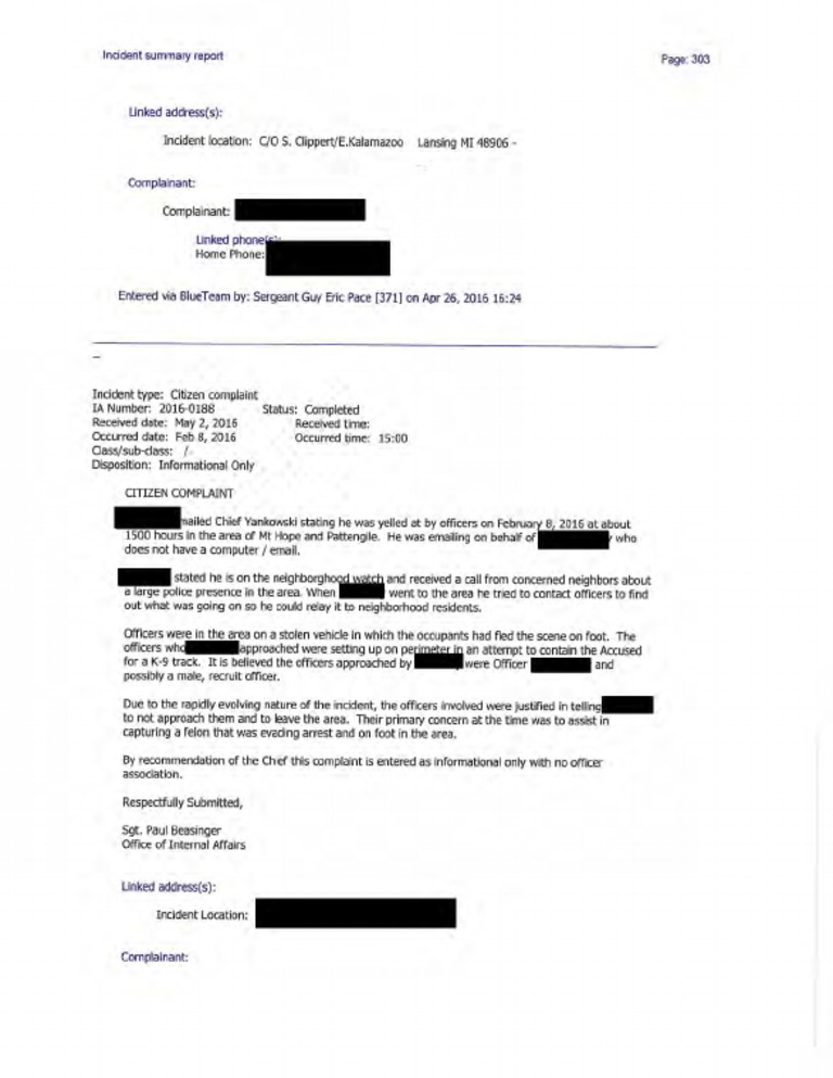 Lansing Police Department citizen complaint