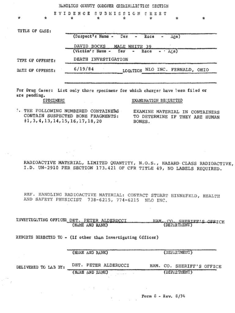 Hamilton County Coroner's Evidence Sheet in Death of David Bocks | PDF