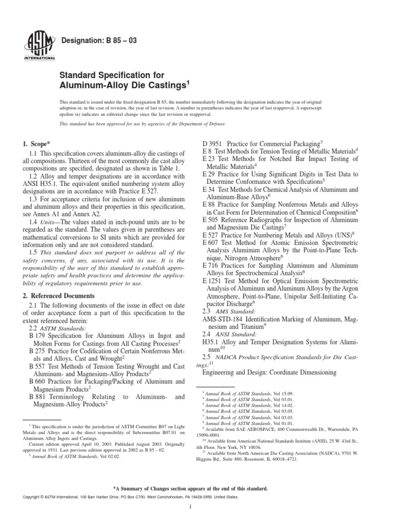 Astm B85-Standard Specification For Aluminium - Allow Die Castings ...