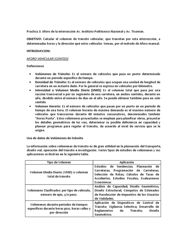 Practica 3. Aforo Vehicular | PDF | Volumen | Intersección (carretera)