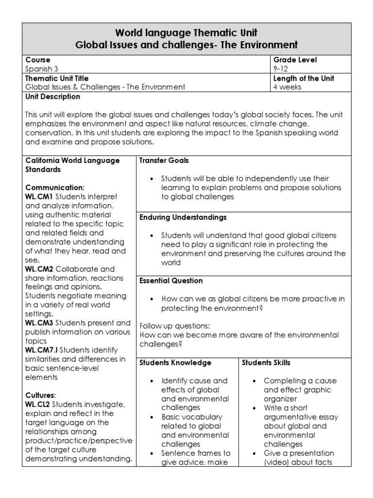 Global Challenges - The Enviroment Thematic Unit | PDF | News ...