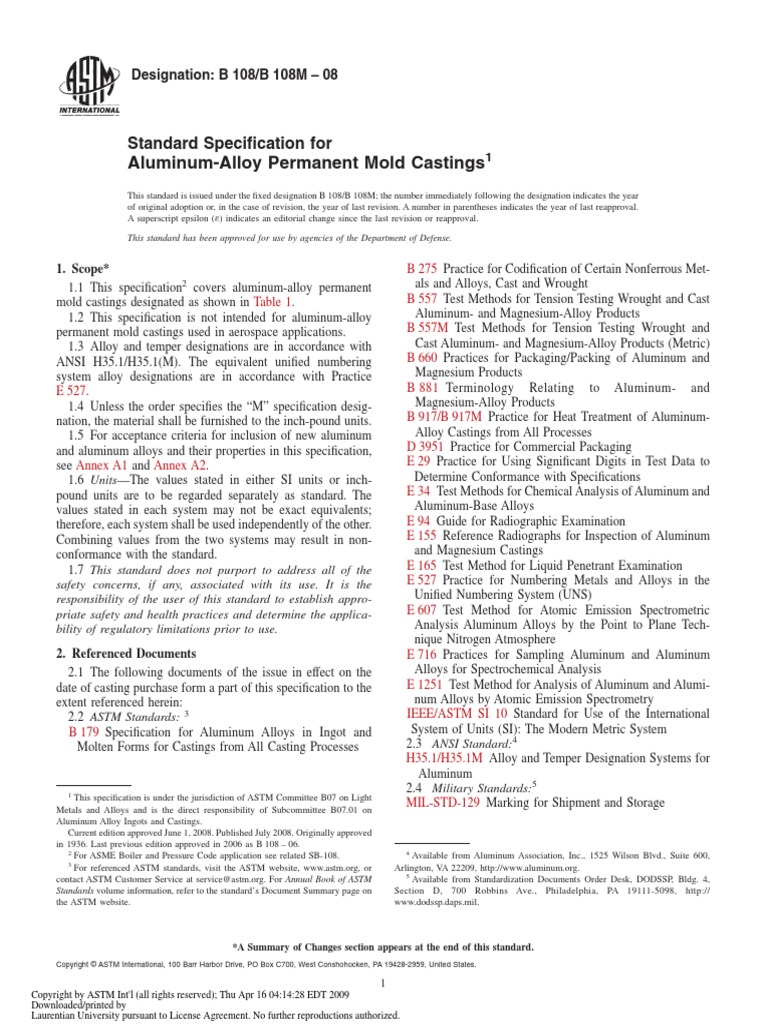 Astm b108-Aluminium-Alloy Permanent Mold Castings | PDF | Casting ...