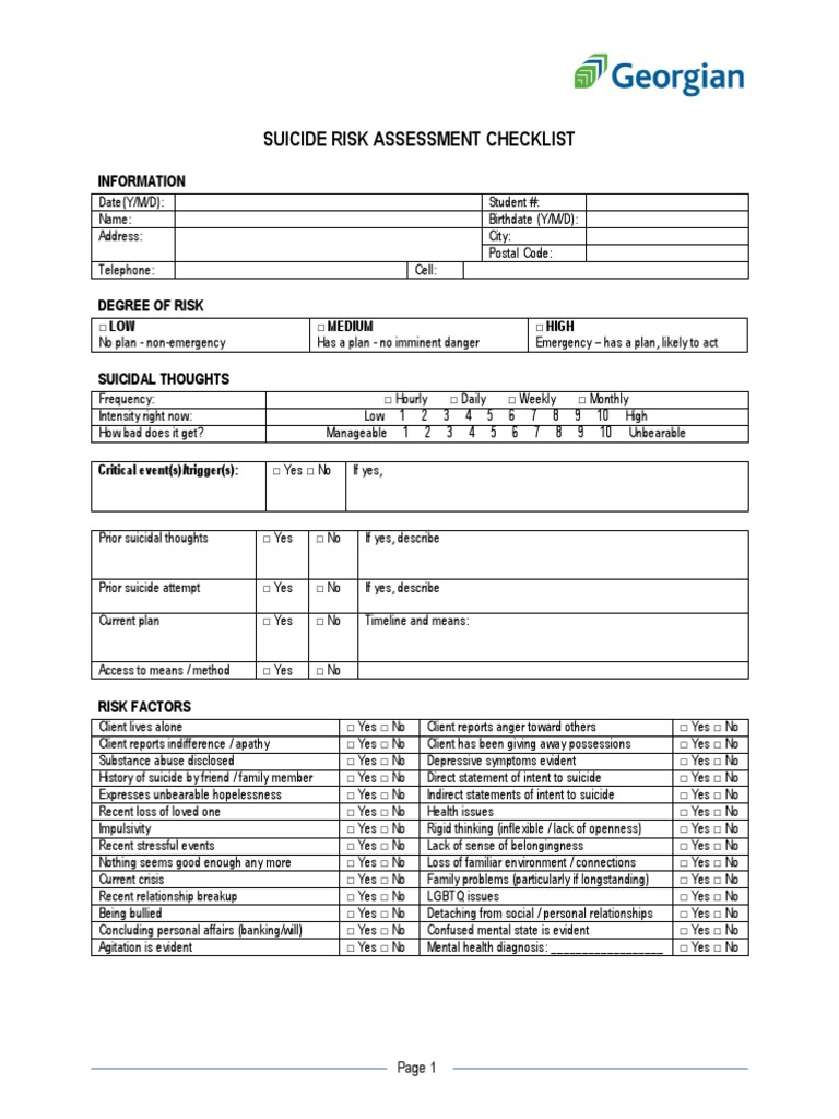 Suicide Risk Assessment Checklist Georgian College | Download Free PDF ...