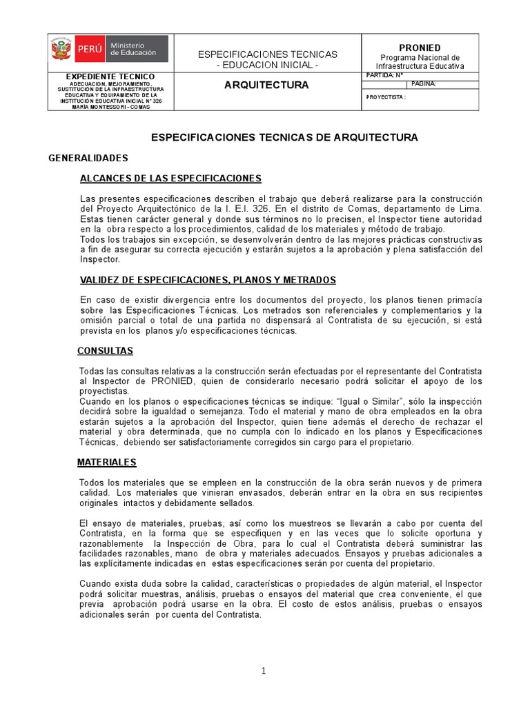 Especificaciones Tecnicas Arquitectura | PDF | Ladrillo | Hormigón