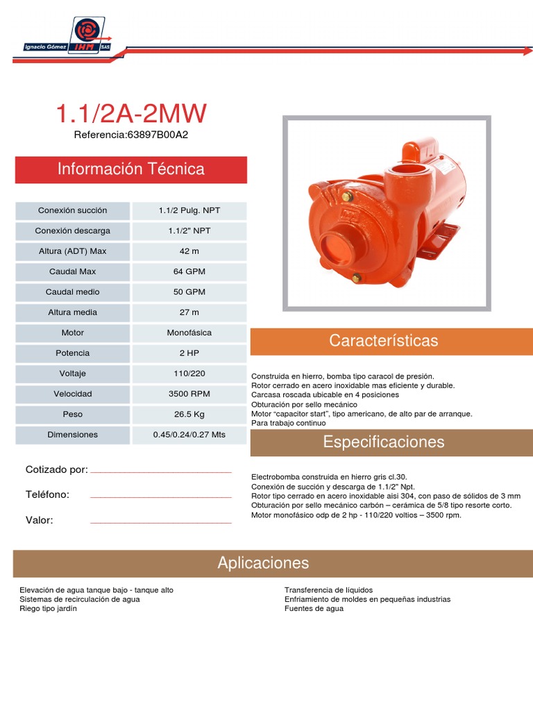 Ficha Tecnica Bomba Centrifuga | PDF