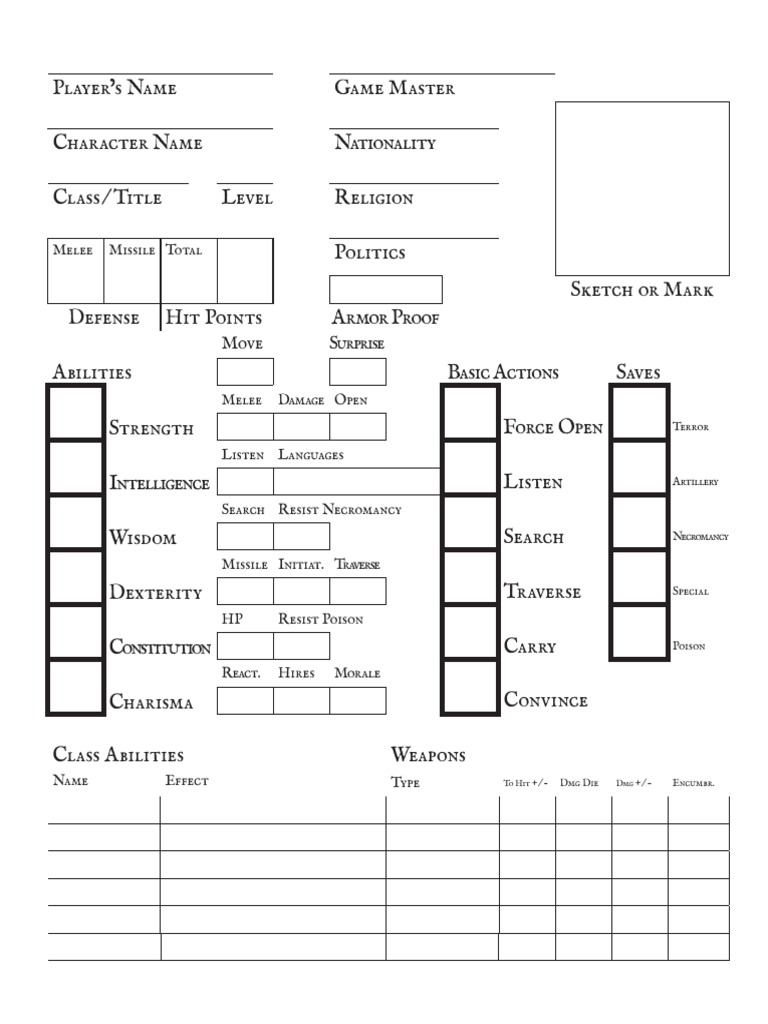 Miseries & Misfortunes Character Sheet r4 (Basic, BX) | PDF