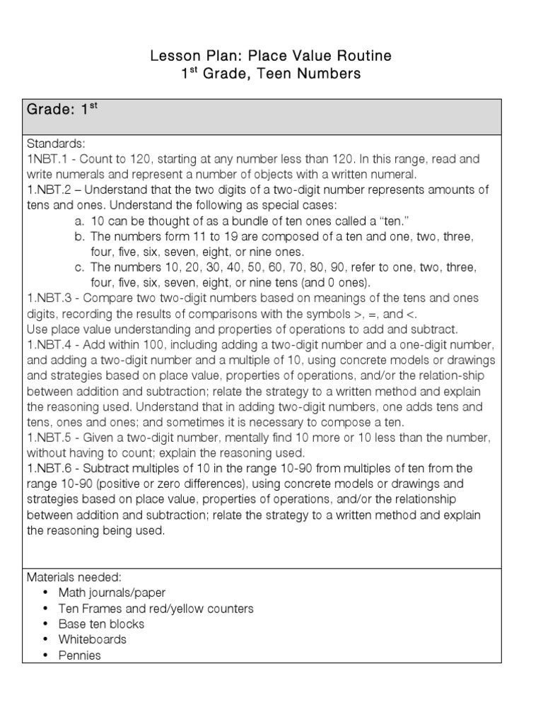 1.place Value Routine 1st Grade Lesson Plan PDF | PDF | Pedagogy ...