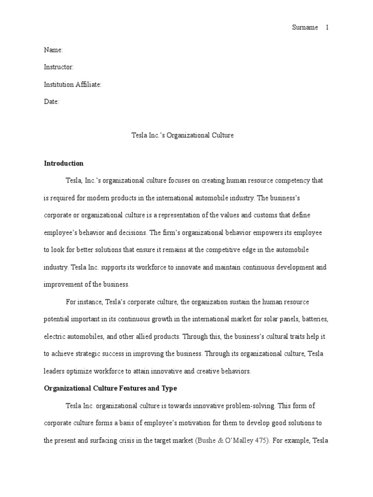 Analyzing Tesla's Organizational Culture Through Its Key Features of ...