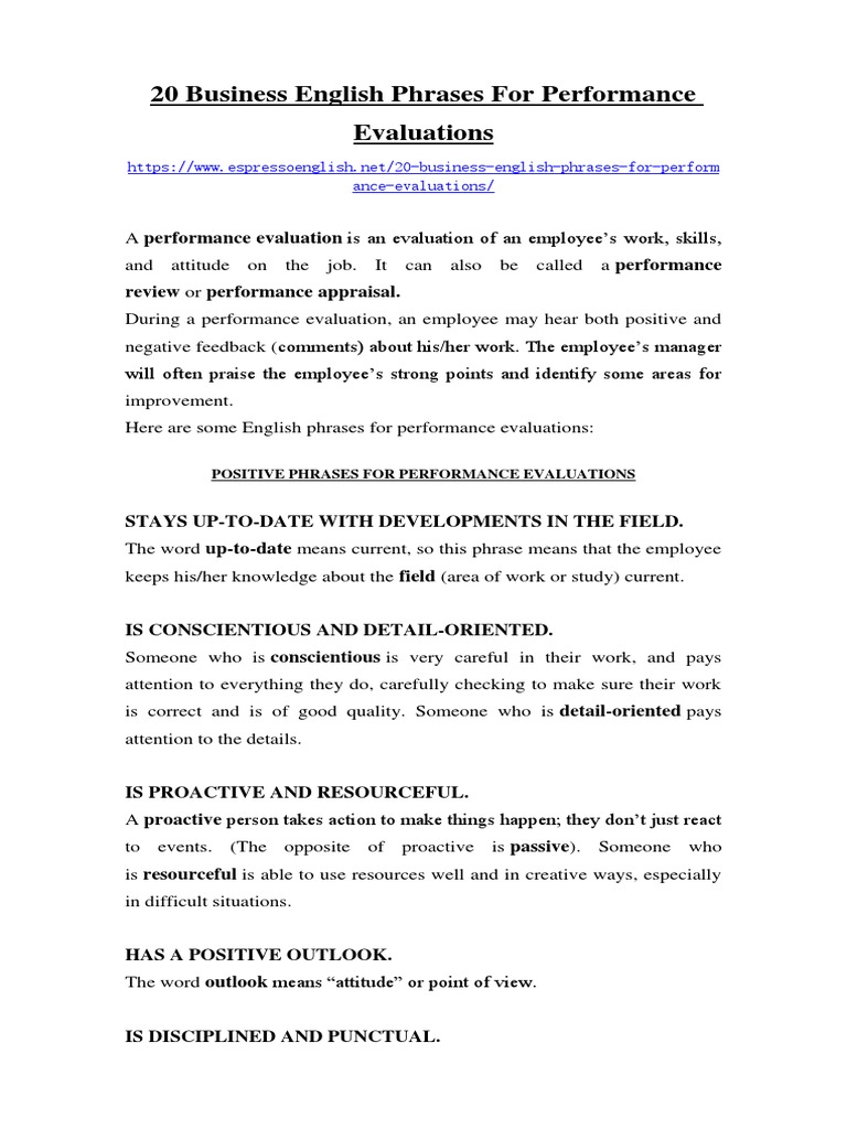 Employee's Evaluation Phrases | PDF | Performance Appraisal | Time ...