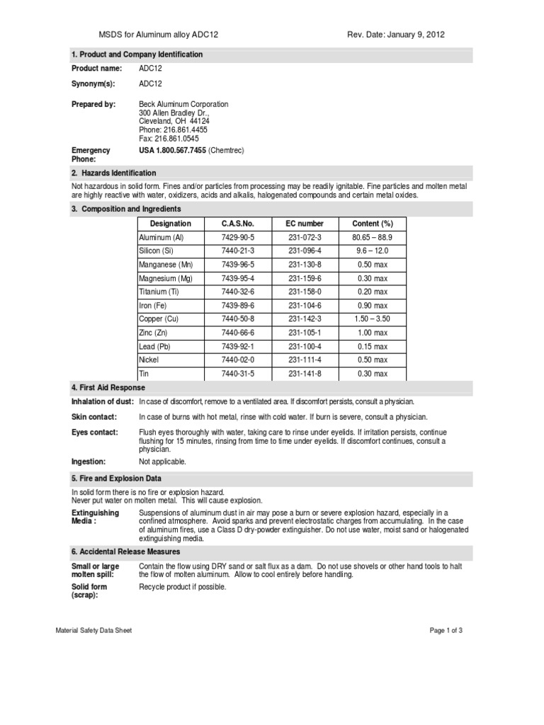 Adc12 MSDS | PDF | Magnesium | Iron