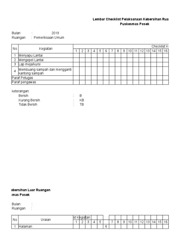 Lembar Checklist Kebersihan Ruangan Dan Luar Ruangan | PDF