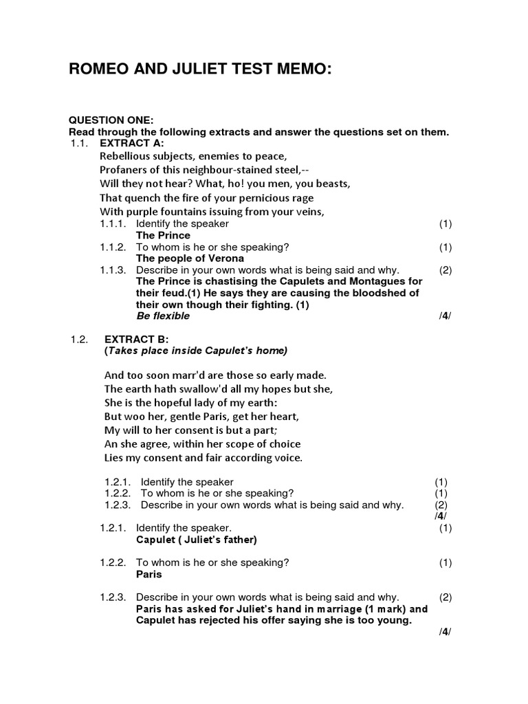 Grade 10 Romeo and Juliet Exam Guide | PDF | Characters In Romeo And ...