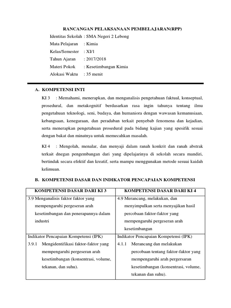RPP KD 3 9 Kesetimbangan Kimia | PDF