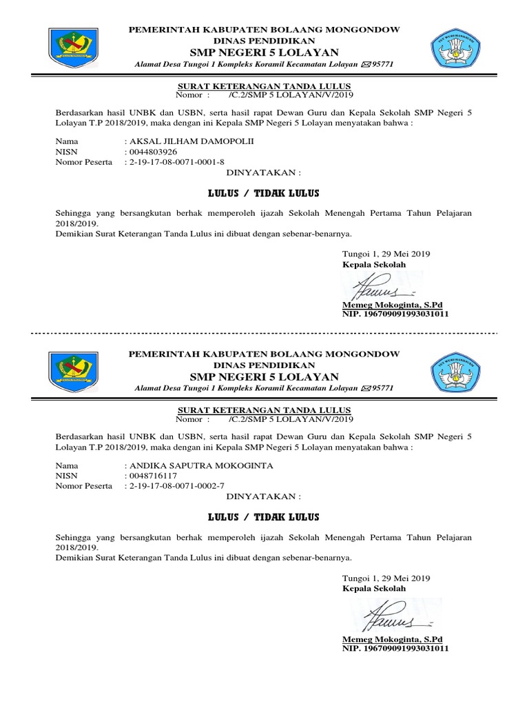 Surat Keterangan Tanda Lulus 2019 | PDF