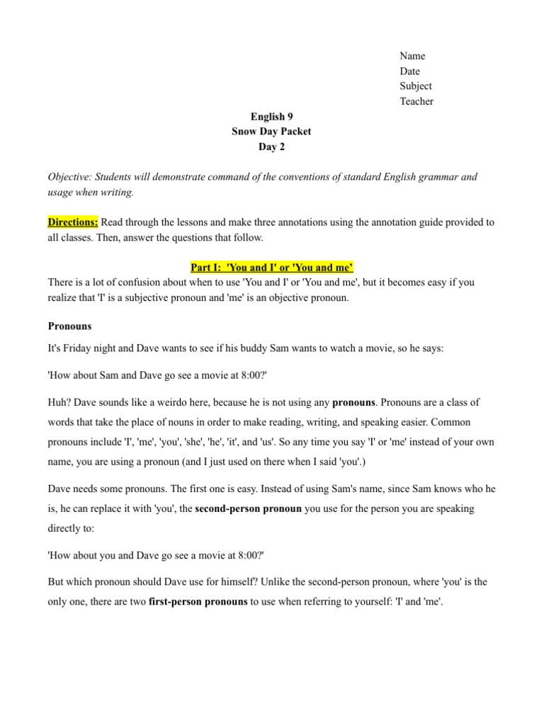 Difference Between You and I and You and Me | PDF | Pronoun | English ...