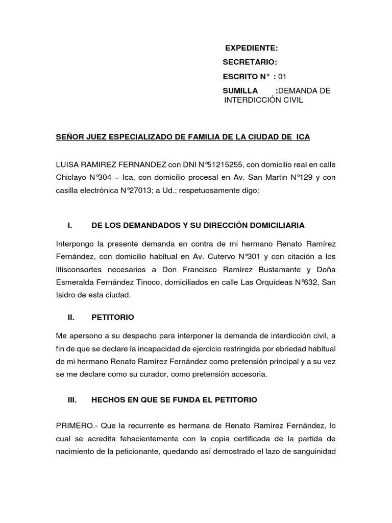 Demanda de Interdicción Por Ebrio Habitual | PDF | La dependencia de ...