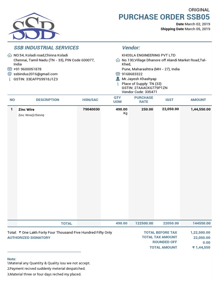 Purchase Order SSB05 | PDF | Chemistry | Building Materials