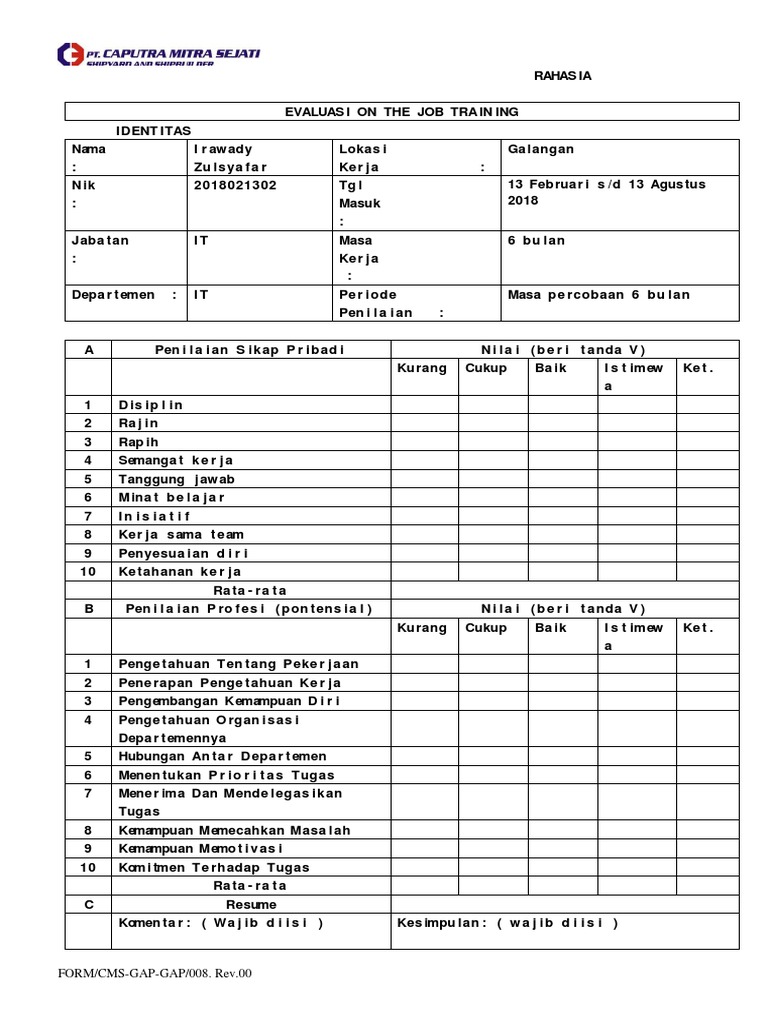 Evaluasi On The Job Training | PDF