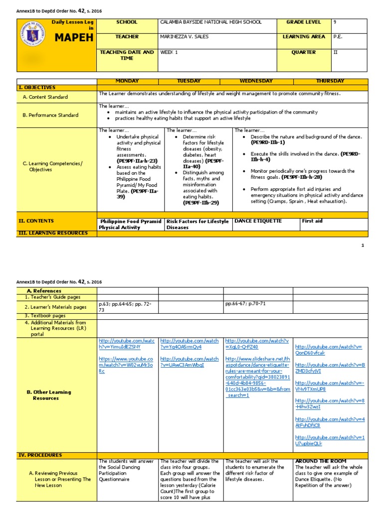 q2 Grade 9 Pe DLL Week 1 | PDF | Physical Education | Learning