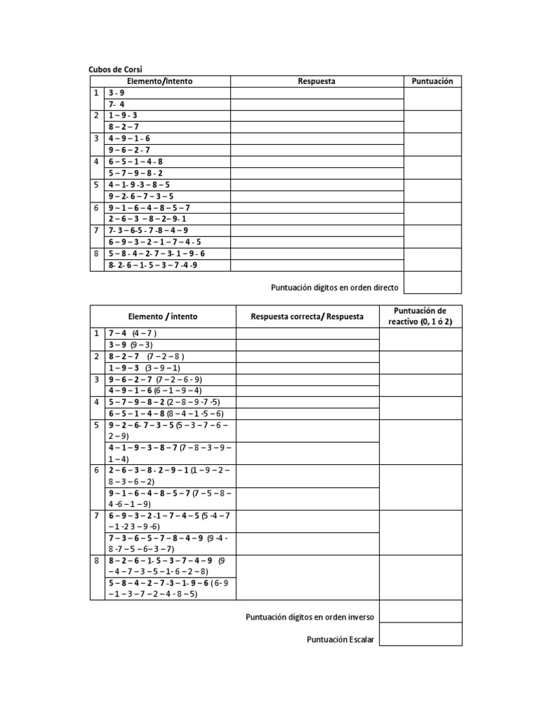 Cubos de Corsi prueba memoria secuencial | PDF