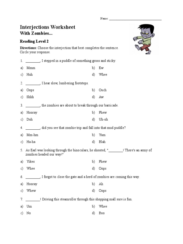 Interjections Worksheet Reading Level 02 | PDF