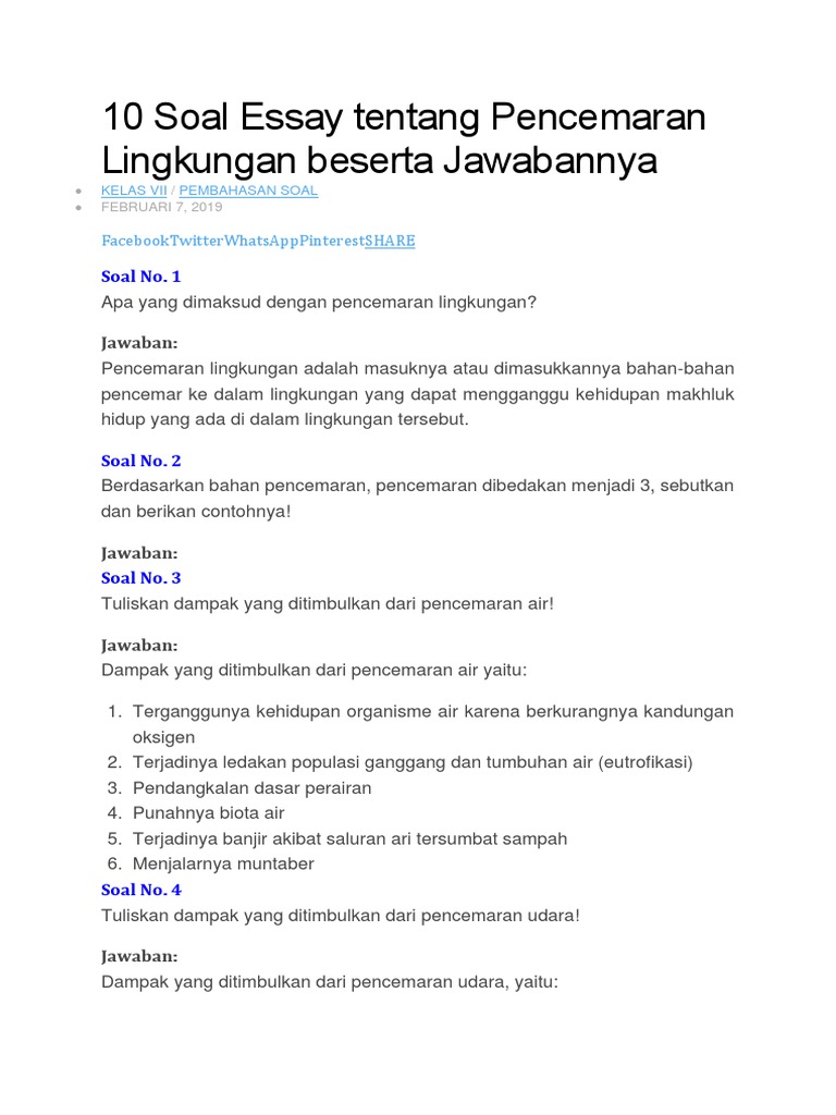 Soal Pencemaran Lingkungan Kelas VII | PDF