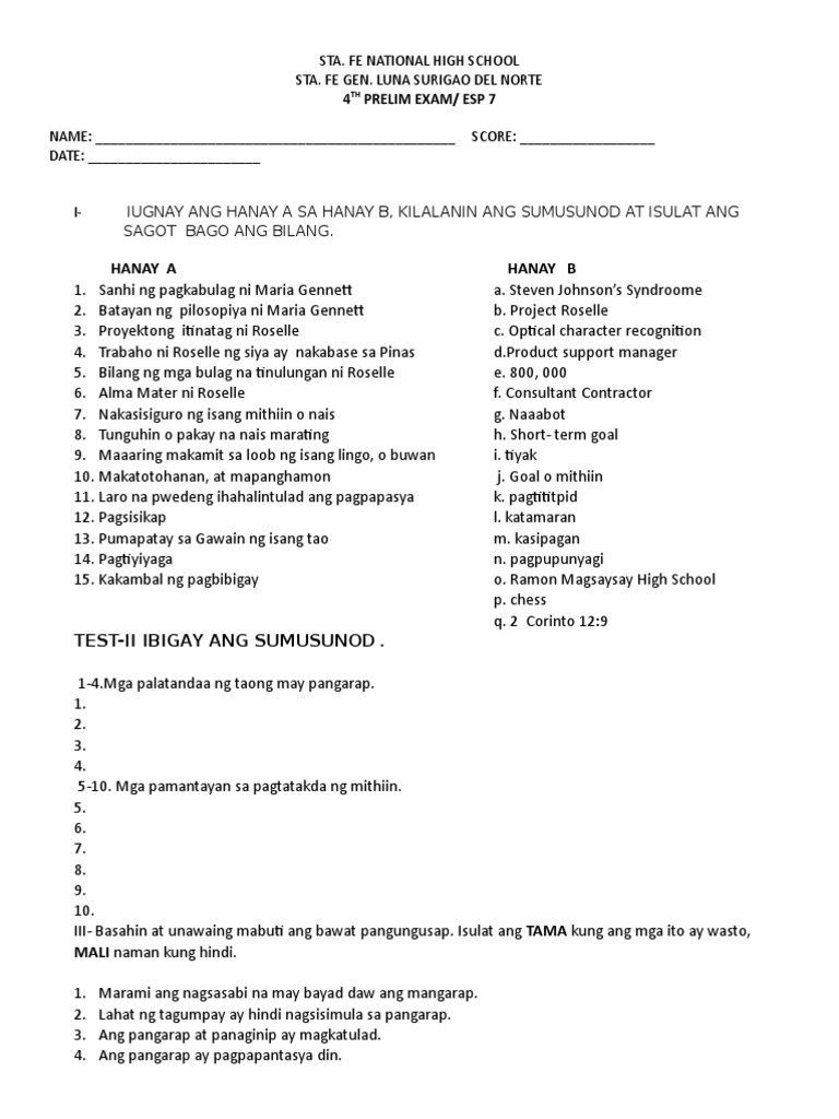 ESP 7 Questionaire | PDF