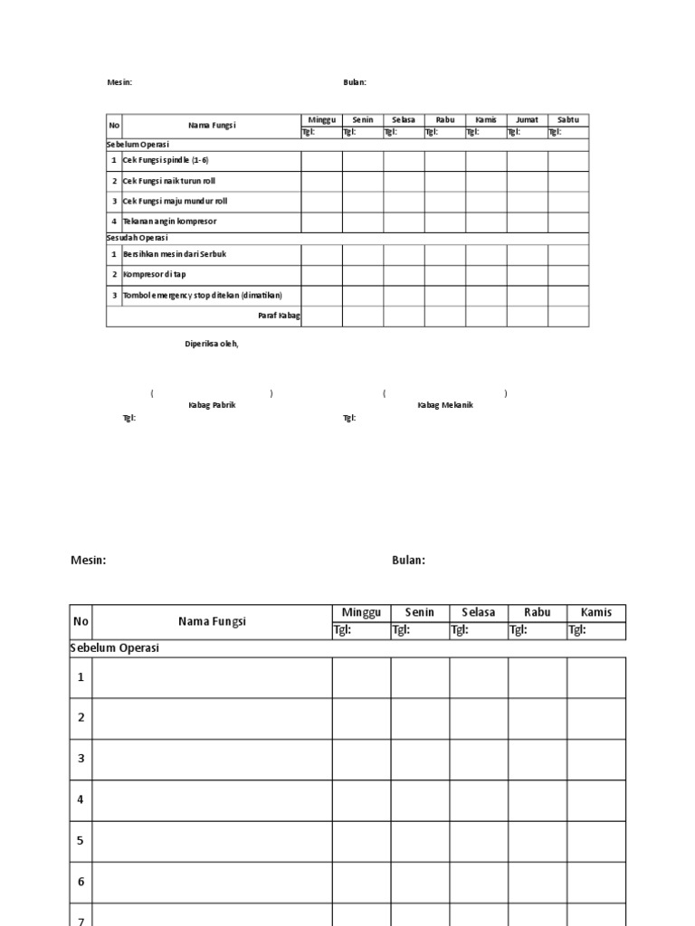 Form Cek List Mesin Per Minggu | PDF