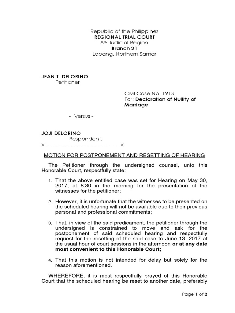 Motion For Postponement | PDF | Common Law | Government Institutions