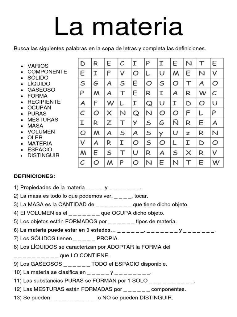 Sopa de letras: Estados y propiedades de la materia | PDF