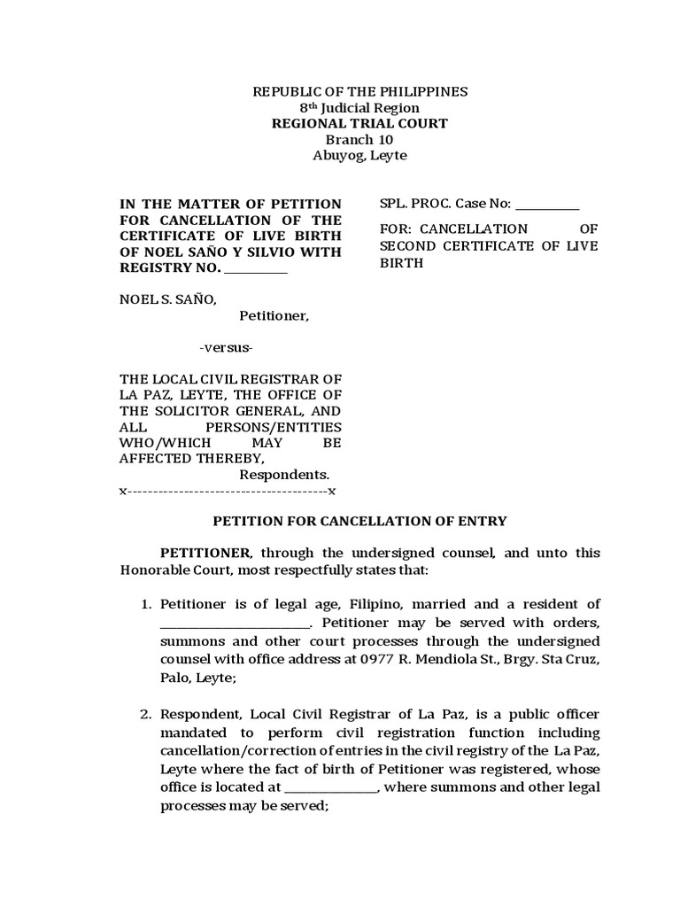 Petition for Correction/Cancellation of Entry | Birth Certificate | Virtue