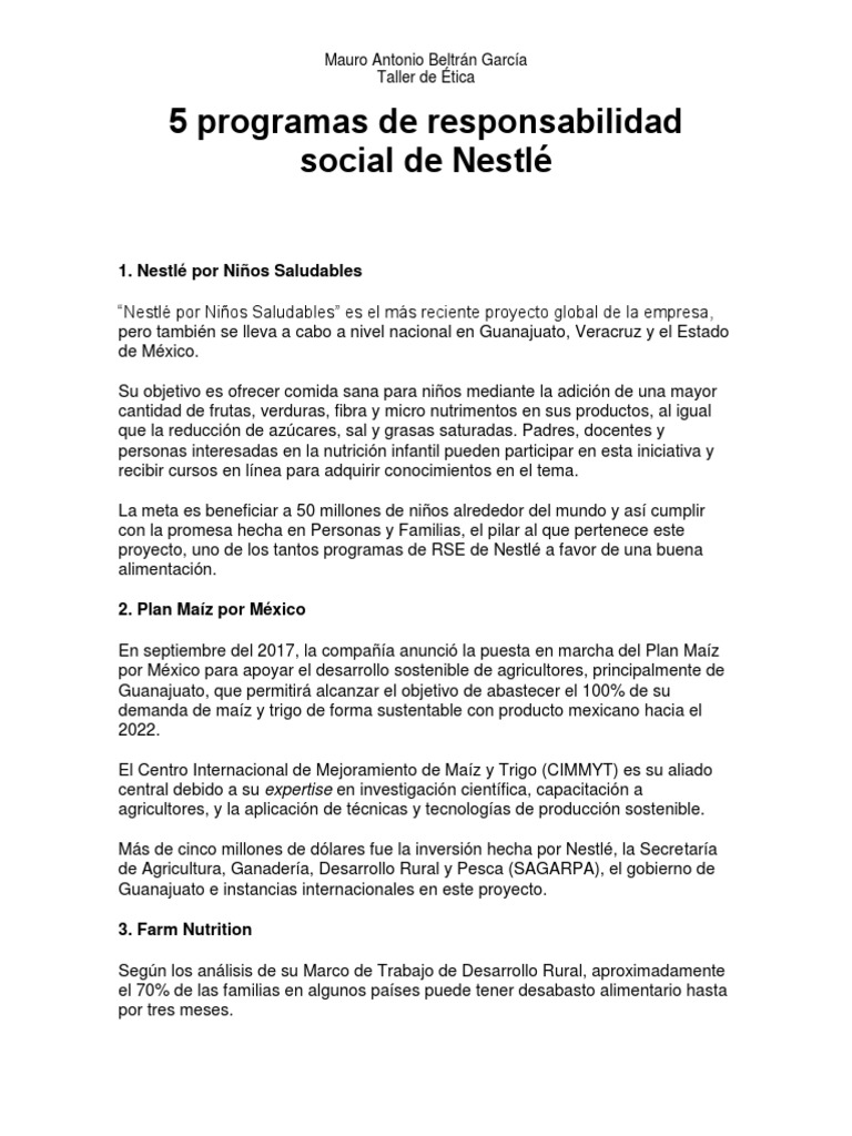 Programas de RSE de Nestlé en México | PDF | Hacerse un nido | México