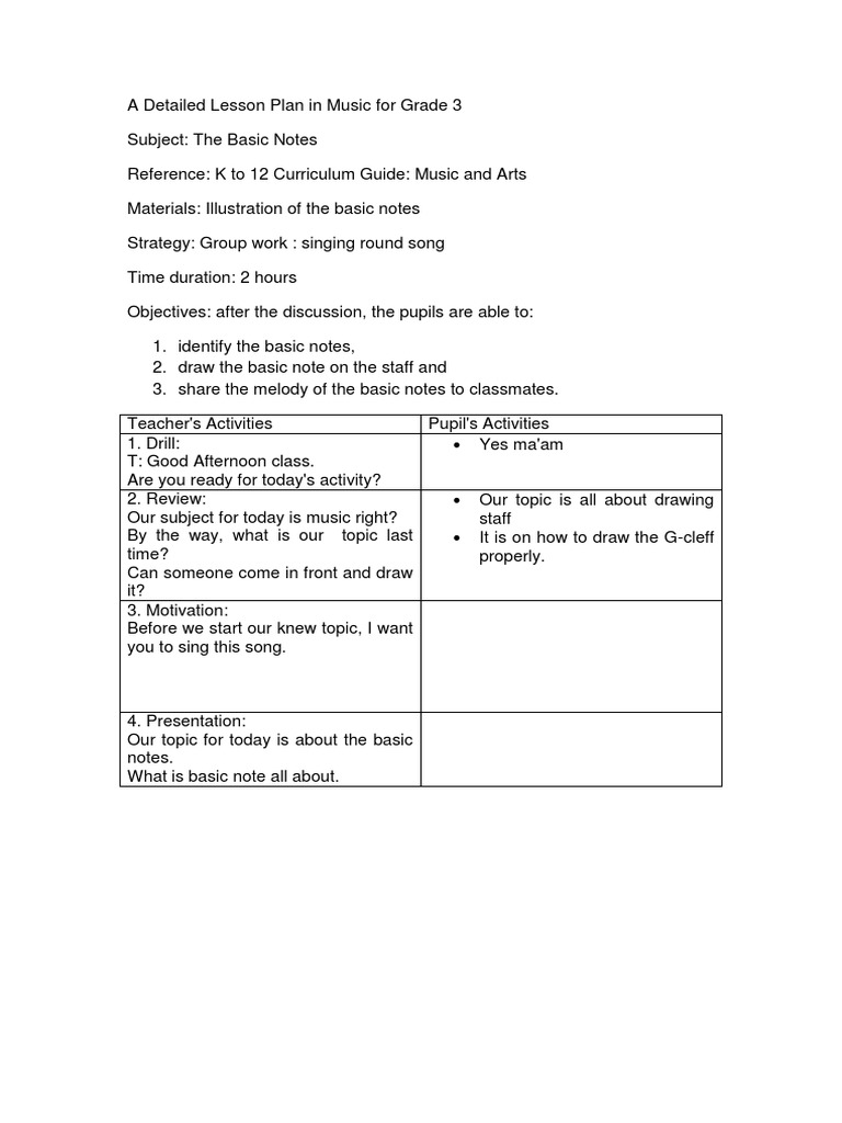 Grade 3 Music Lesson Plan: Basic Notes | PDF | Language Arts & Discipline