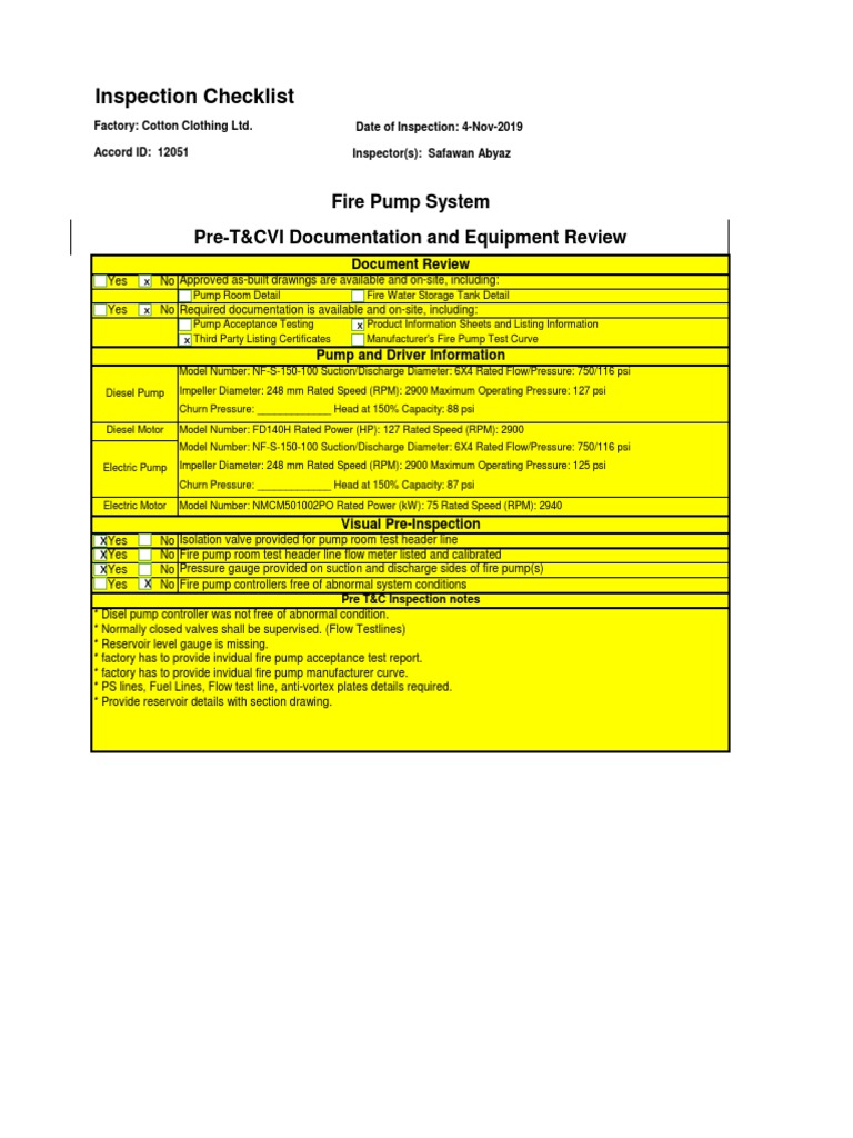 Fire Pump Check List | PDF | Pump | Diesel Engine
