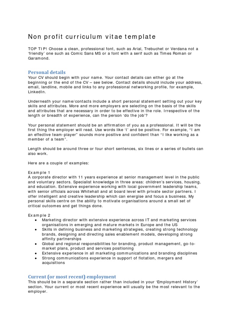 Non Profit Curriculum Vitae Template: Personal Details | PDF | Mergers ...