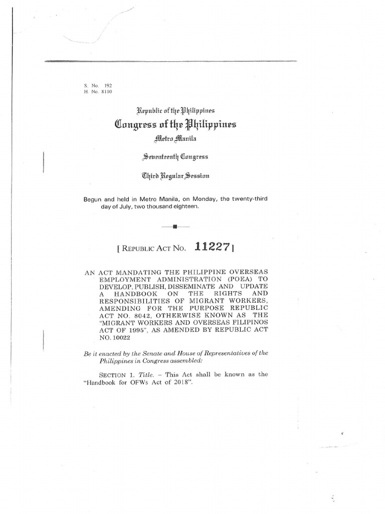 Handbook For OFWs Act of 2018 PDF | PDF