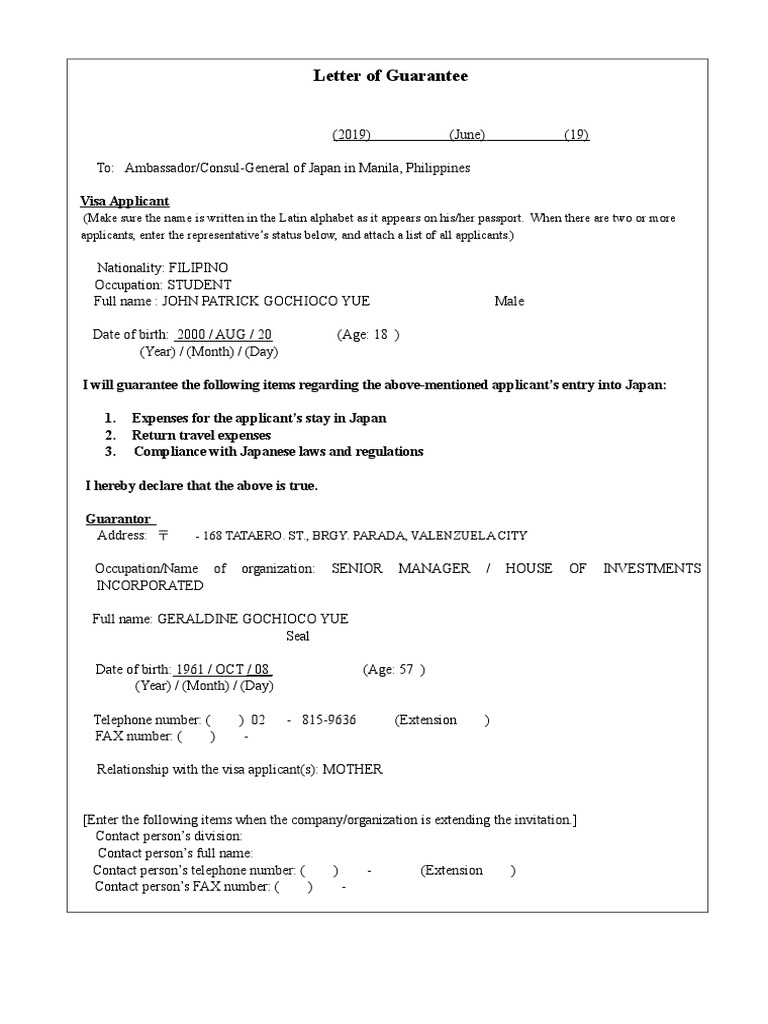 Letter of Guarantee for Student Visa to Japan | PDF