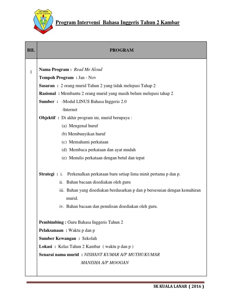 Program Intervensi LINUS Bahasa Inggeris Tahun 1 2 2016 | PDF