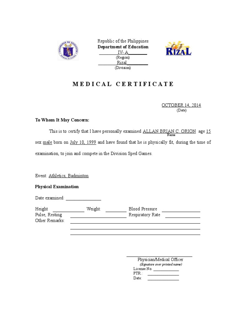 Medical Certificate 2010 Palaro | PDF | Physical Examination | Practice ...