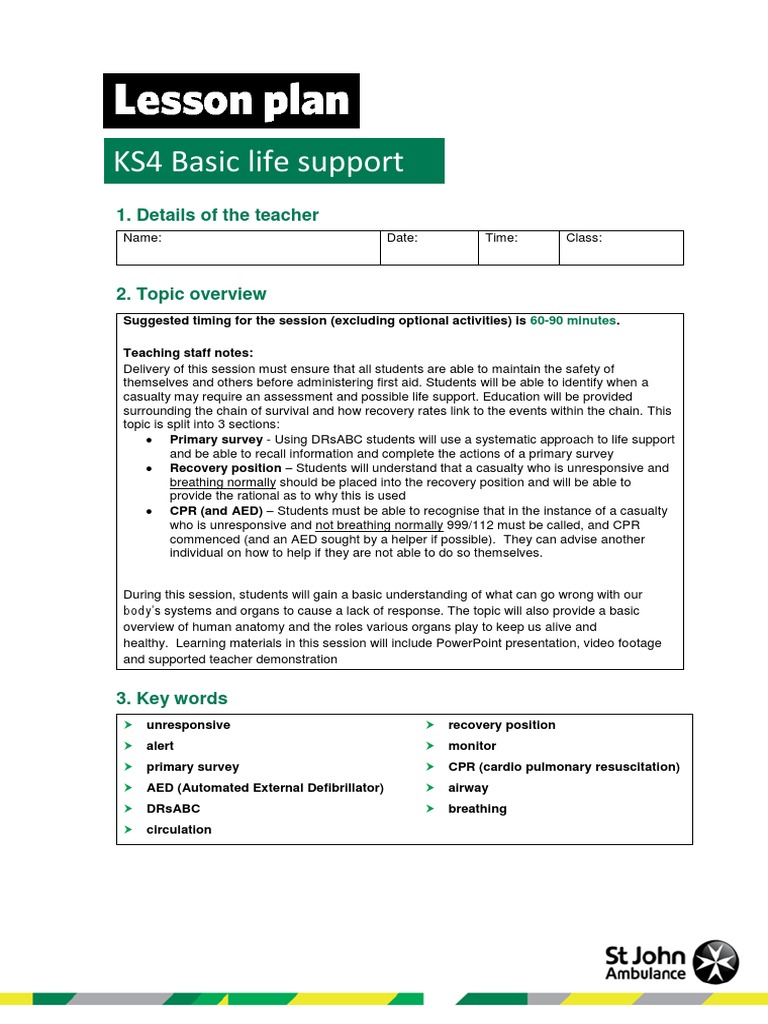 KS4 Basic Life Support Lesson Plan | PDF | Teaching | Cognition