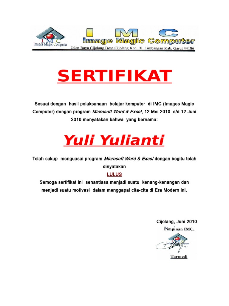 Contoh Sertifikat Kursus Komputer | PDF